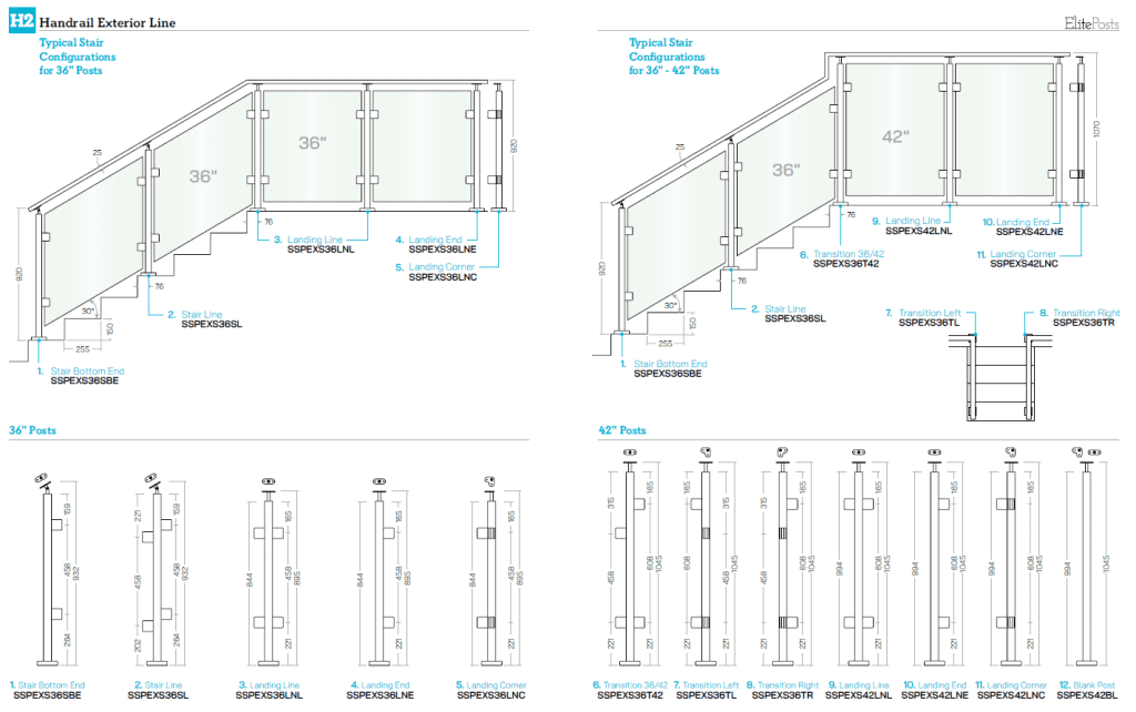 SSPEXS36 & SSPEXS42 - ELITE POSTS H2 EXTERIOR HANDRAIL LINE - SATIN ...